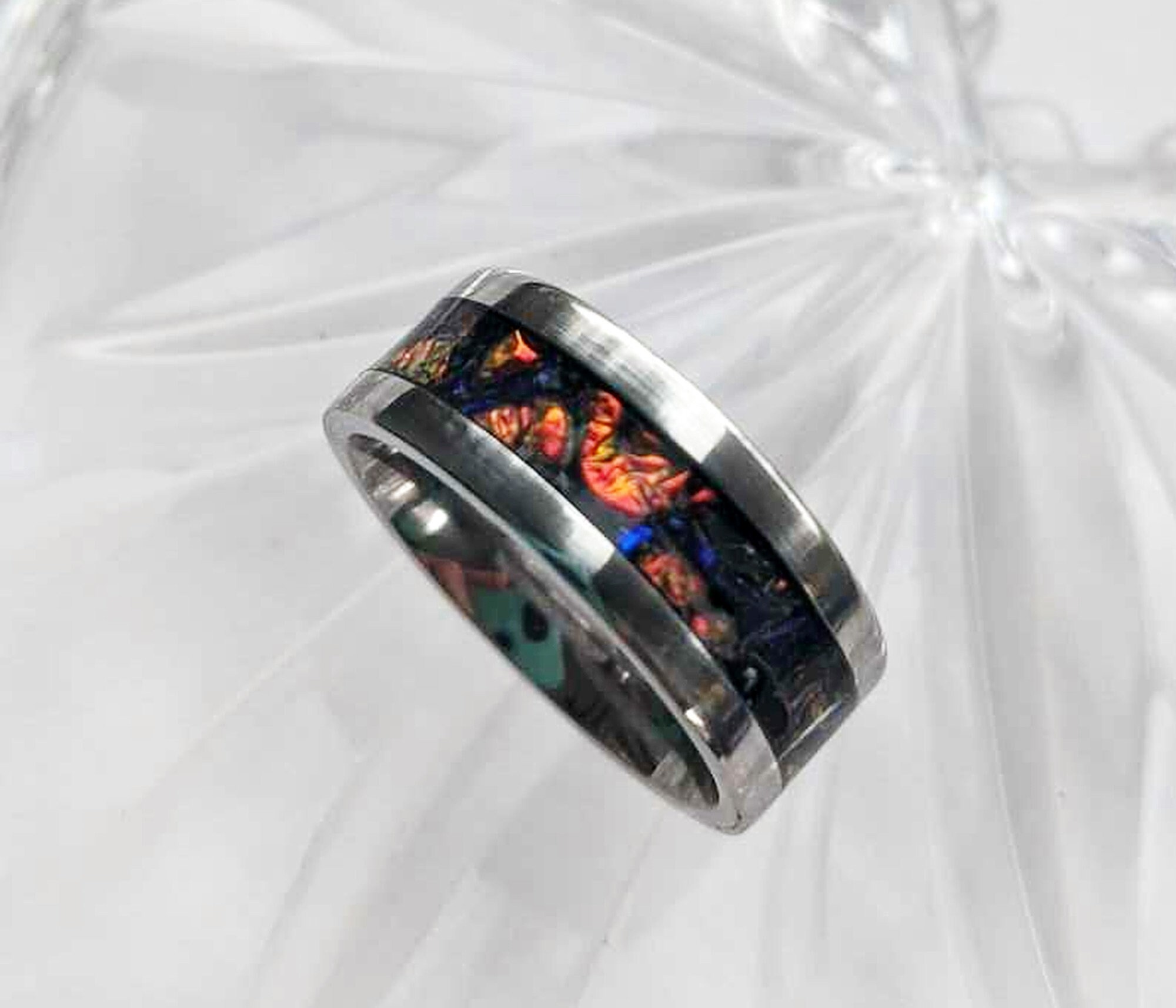 Handcrafted Red Burl Dichrolam Stainless Steel Inlay Ring Size - Etsy