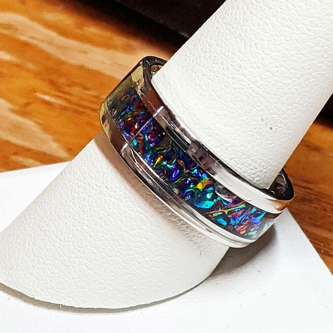 Handcrafted Dichrolam Stainless Steel Inlay Ring, Color is Dragon Burl ...