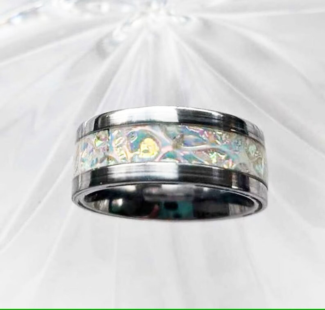 Handcrafted Pearl Dichrolam Stainless Steel Inlay Ring Size 7 - Etsy