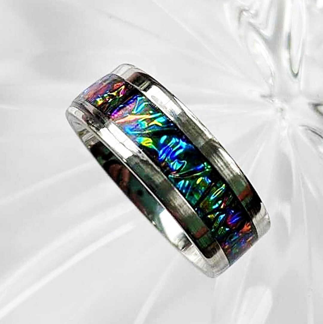 Handcrafted Dichrolam Stainless Steel Inlay Ring, Color is Dragon Burl ...