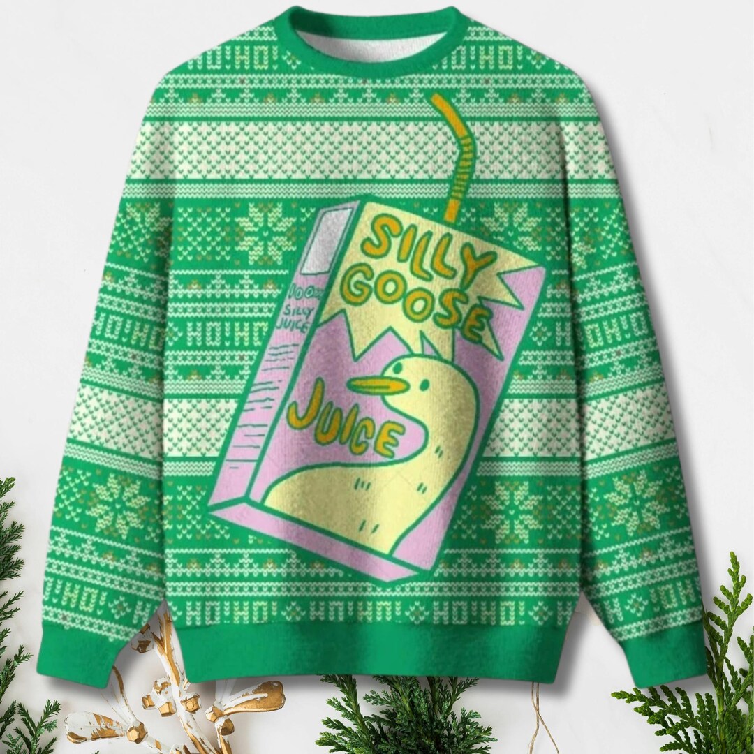 Funny Silly Goose Juice Christmas Sweater Green Snowflake Knit Ugly ...