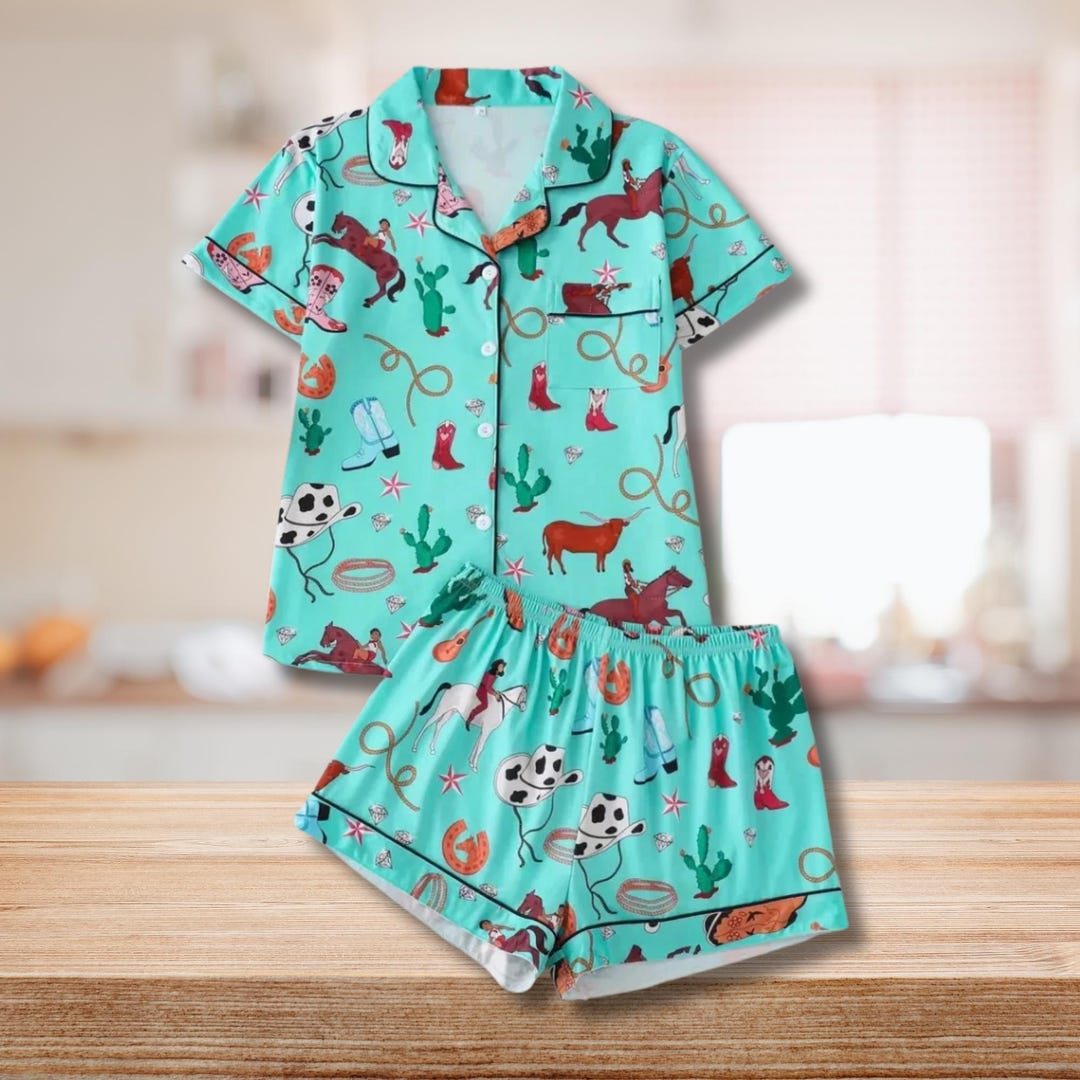 Turquoise Western Pajama Set, Rodeo Cowgirl Print, Satin Sleepwear - Etsy