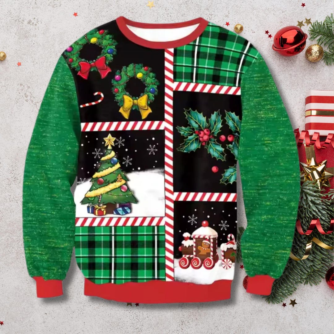 Patchwork Christmas Wreath Tree Holly Gingerbread Train Ugly Sweater ...