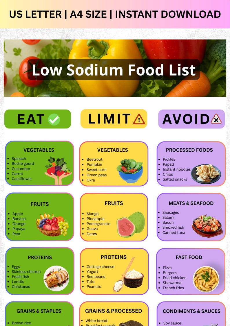Low Sodium Food List PDF, DASH Diet Chart, High Blood Pressure Grocery ...