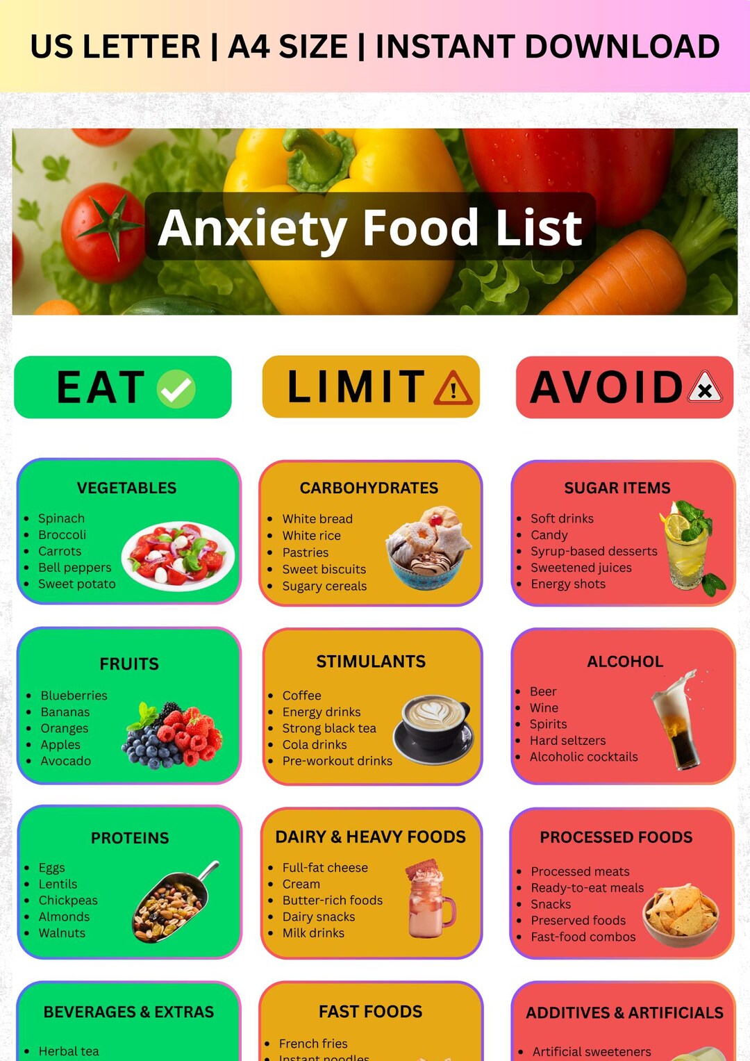 Anxiety Food List Printable, Stress Relief Diet Chart Letter and A4 ...