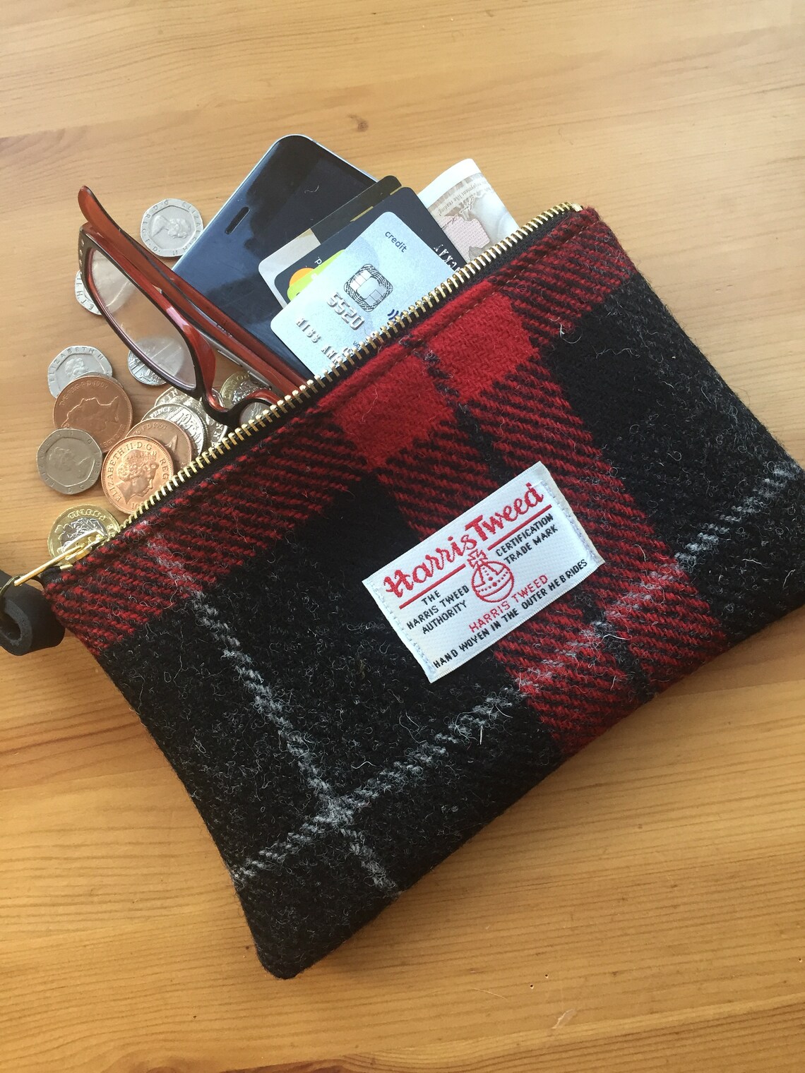 Red Plaid Harris Tweed Zipper Pouch, Small Tartan Wallet - Etsy