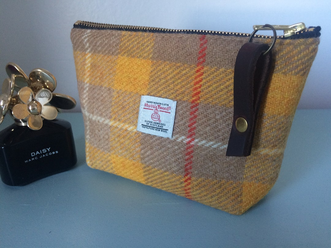 Yellow Pouch, Harris Tweed Pouch, Yellow Cosmetic Pouch, Plaid Pouch ...