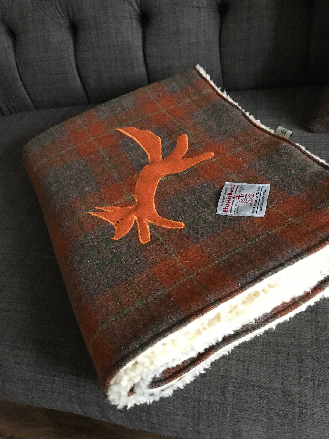 Harris Tweed Throw Blanket, Fox Applique Plaid, Sherpa Fleece Backing ...