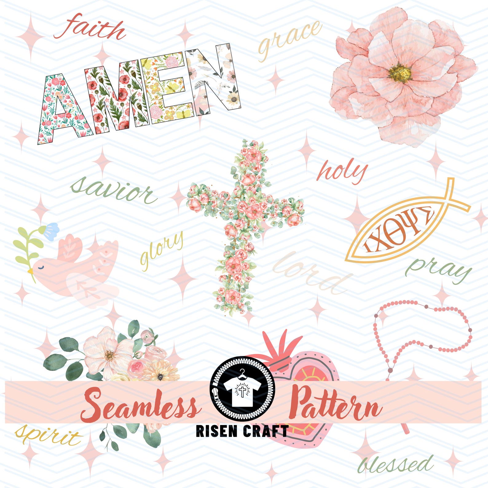 Pastel Pink Catholic Floral Seamless Pattern With Rosary, Cross, Dove ...