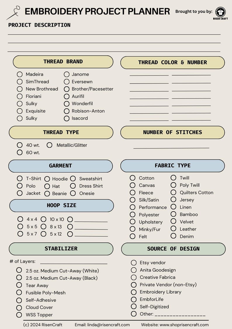NEW & UPDATED Embroidery Project Planner | Craft Project Planner ...
