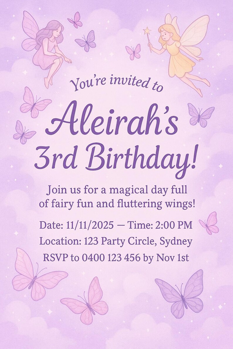 Fairy Birthday Invitation Girl – Pastel Purple Printable Invite With ...