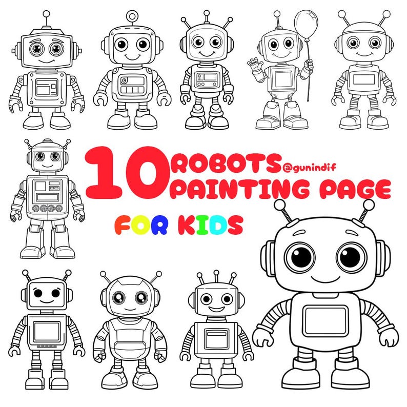 10 Cute Robot Coloring Pages for Kids, Digital Download, Printable ...