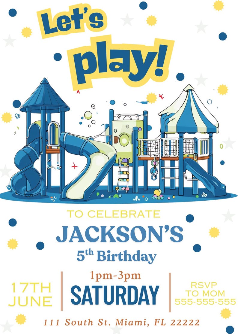 Editable Playground Birthday Invitation | Blue & Yellow Kids Party ...