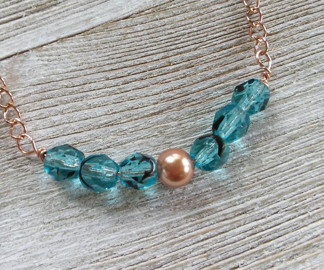 Blue Bead Necklace Rose Gold Chain Necklace Czech Aqua Blue Sparkly ...