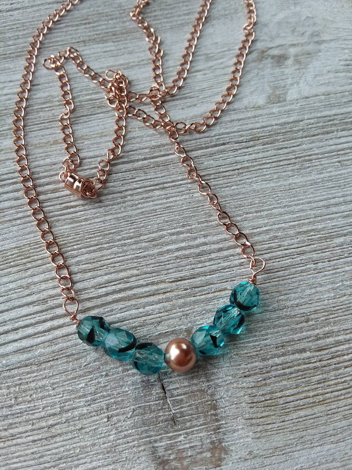 Blue Bead Necklace Rose Gold Chain Necklace Czech Aqua Blue Sparkly ...
