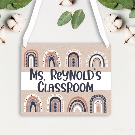 Teacher Door Sign Metal Classroom Sign Boho Peach Neutral - Etsy