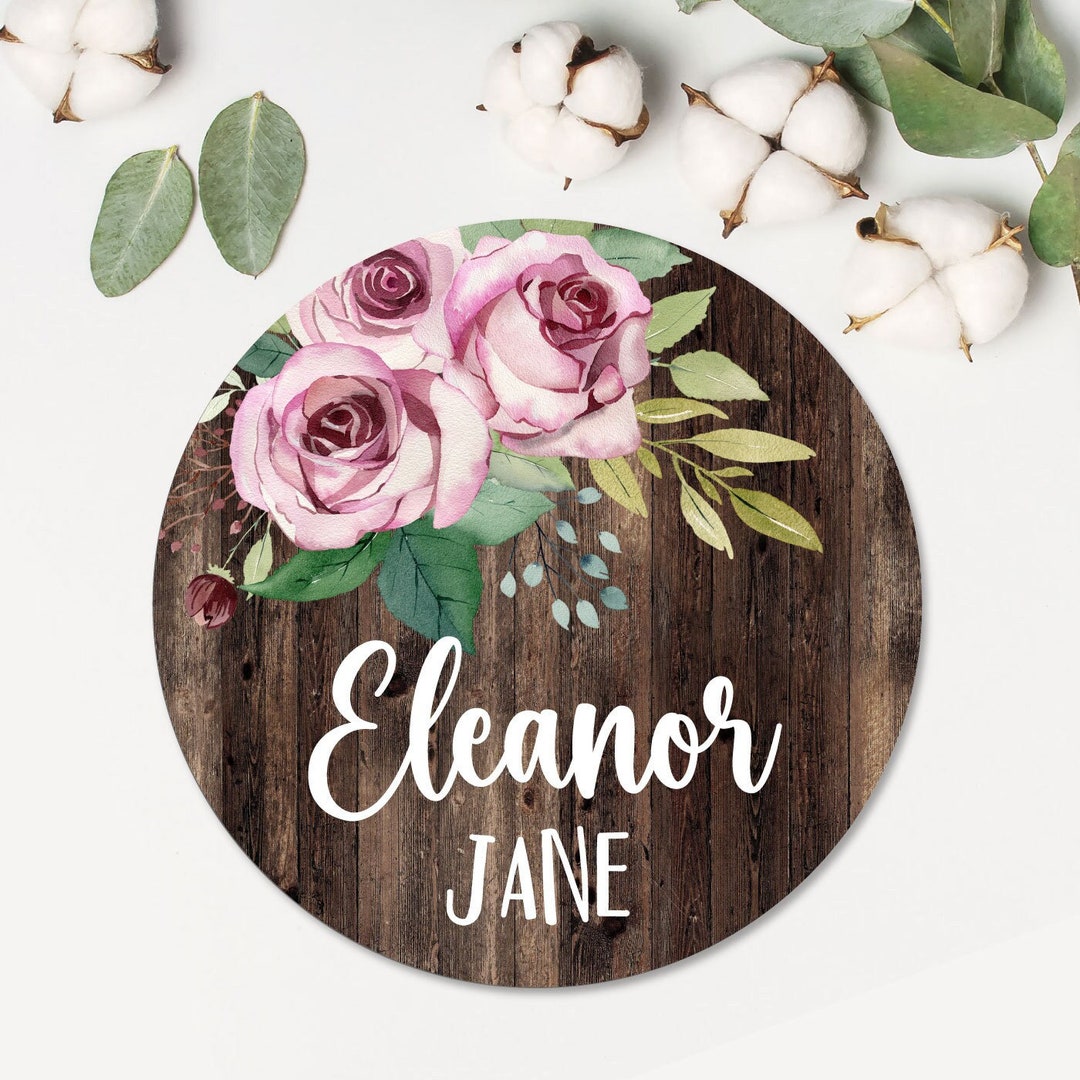 Pink Roses Baby Name Sign Round Wildflowers Nursery Sign Round Baby ...