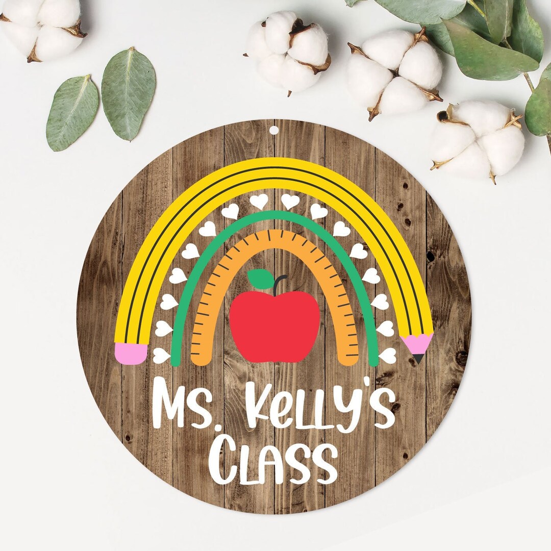 Teacher Name Sign Apple Rainbow Classroom Sign Personalized School Door ...