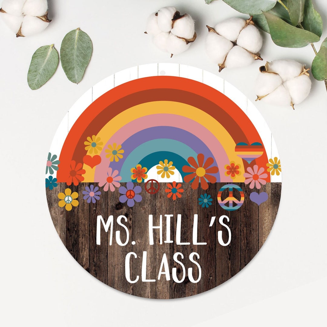 Rainbow Hippie Teacher Door Sign Flower Power Metal Classroom Sign ...