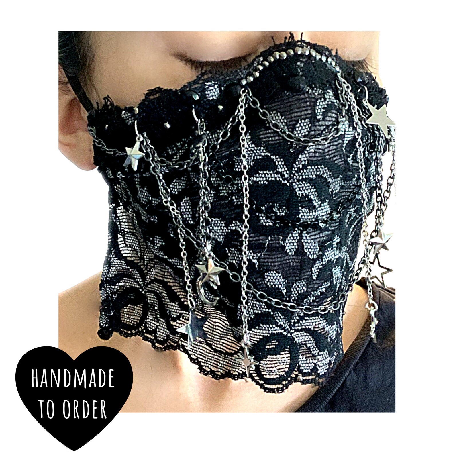 Black Lace Face Veil Rhinestone Face Mask with Chains Gothic | Etsy