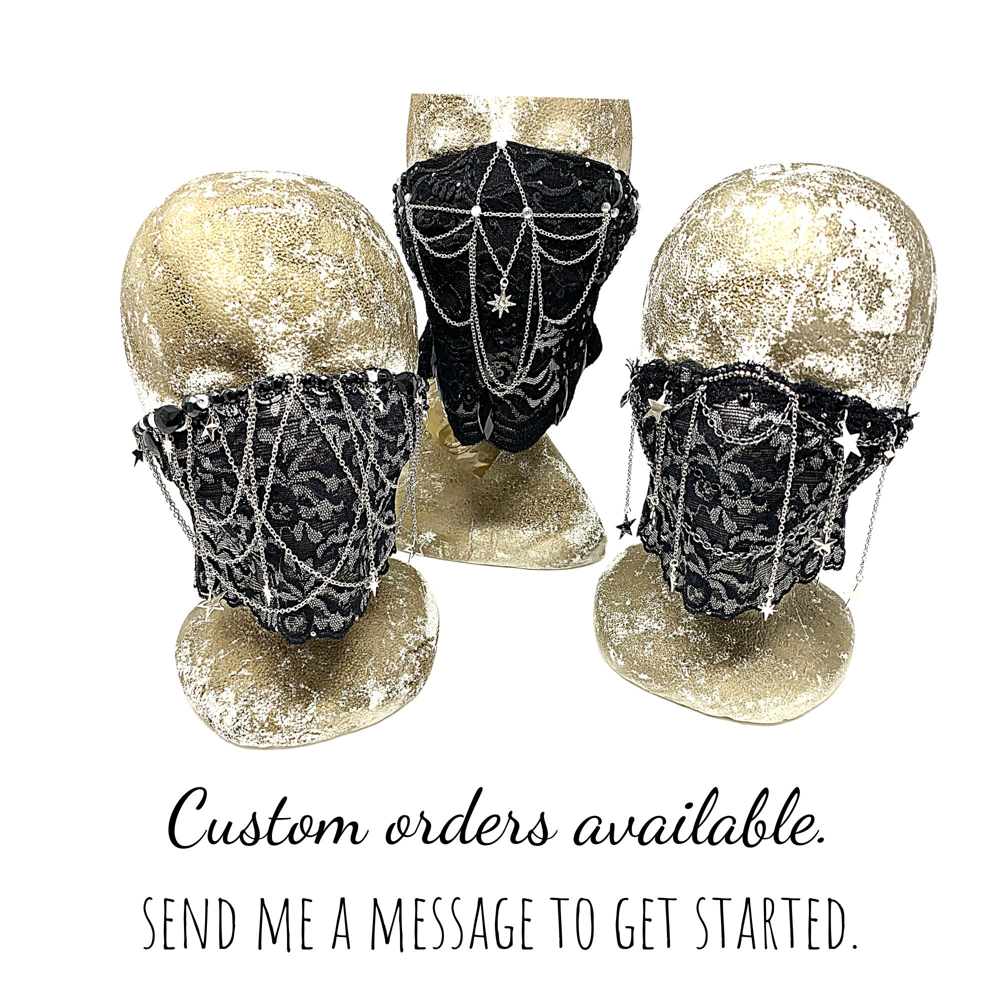 Black Lace Face Veil Rhinestone Face Mask with Chains Gothic | Etsy