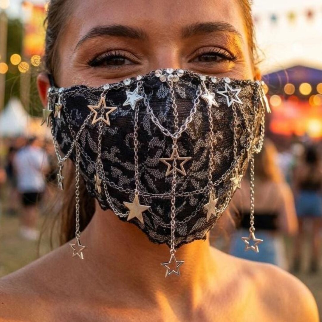 Goth Mouth Mask: Floral Lace Face Veil With Star Charms, Chains and ...
