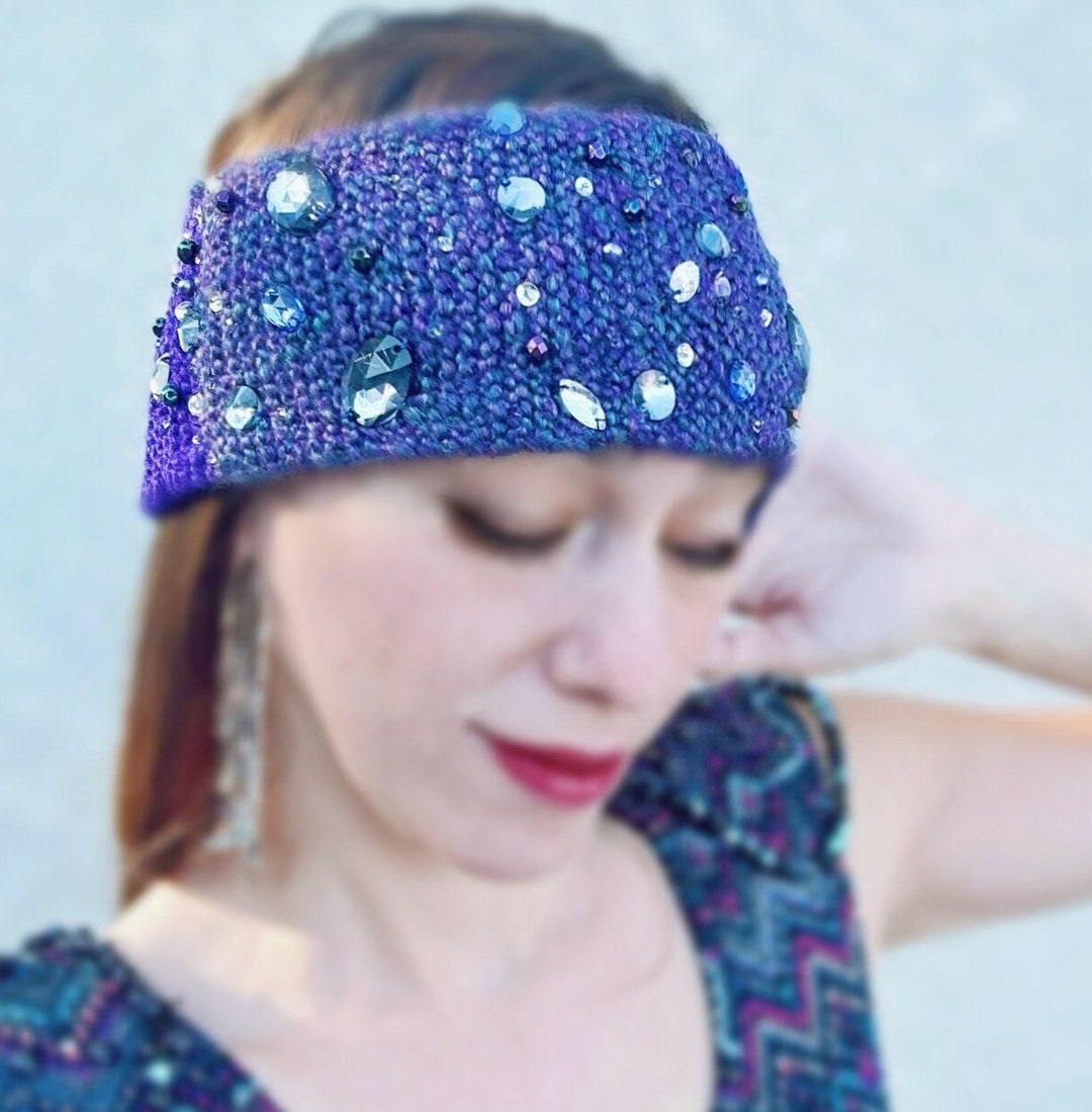 Jewelled Knit Ear Warmer Headband Purple And Blue Hand Knitted Head