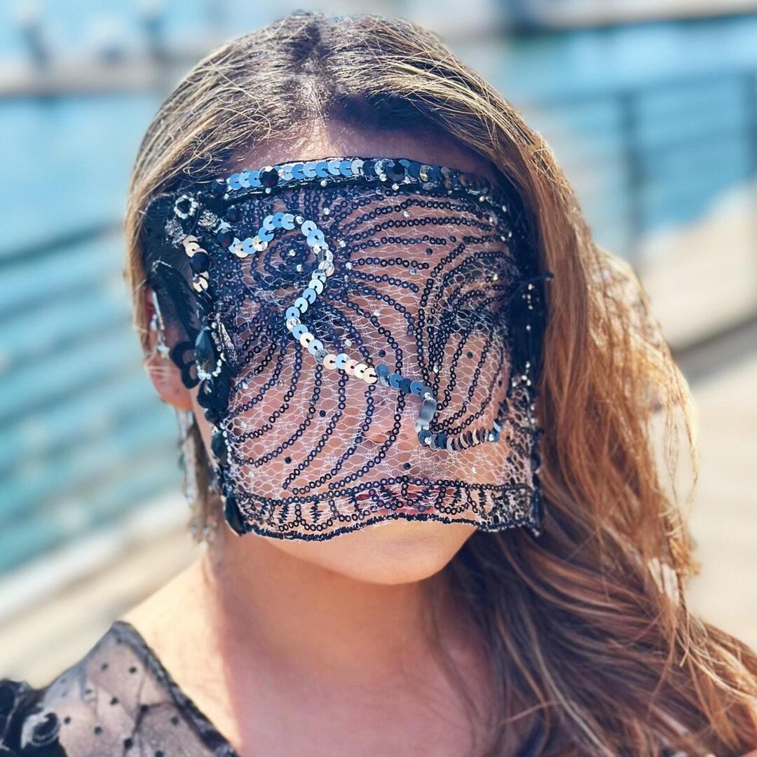 Black Lace Eye Mask, Half Face Veil With Butterflies, See Through Mask ...