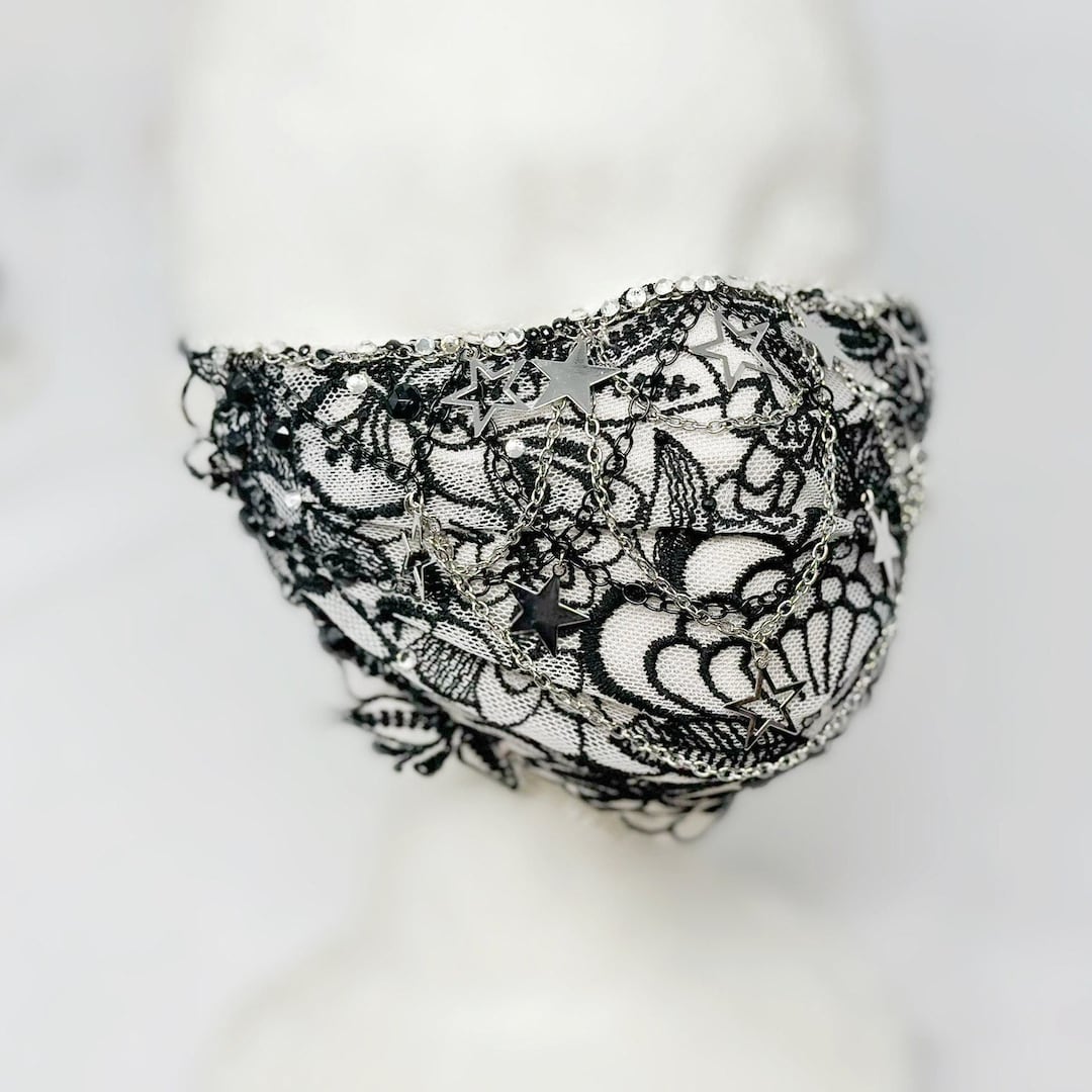 Black Lace Face Mask With Chains and Star Charms, White Face Veil ...