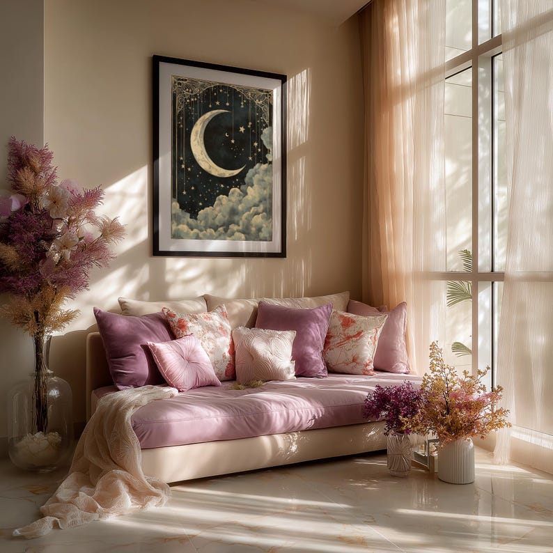 Printable Vintage Crescent Moon Wall Art, Celestial Star Print, Gothic ...