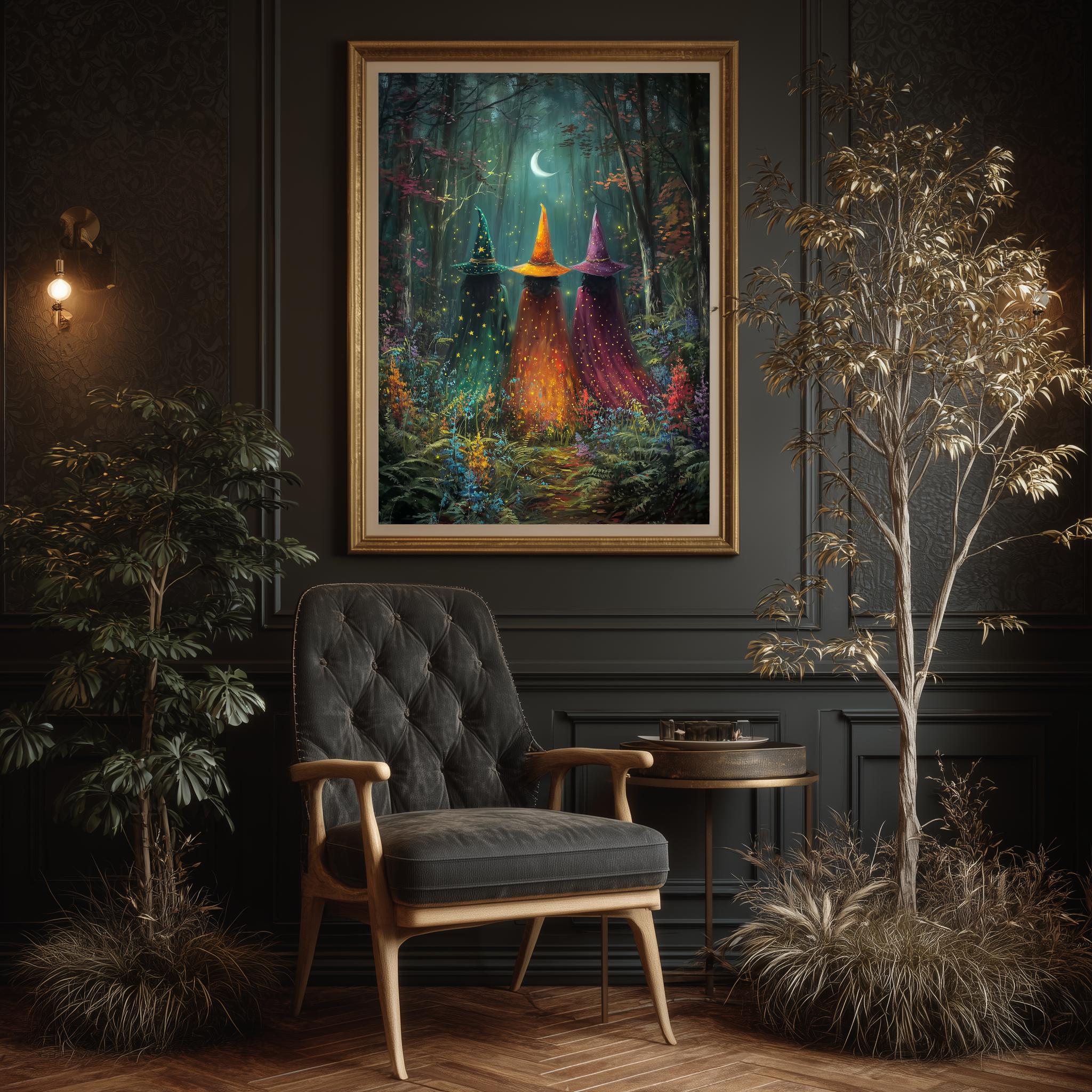 Fall Witches Art Print, Moody Forest Gothic Witchcore Painting, Dark ...