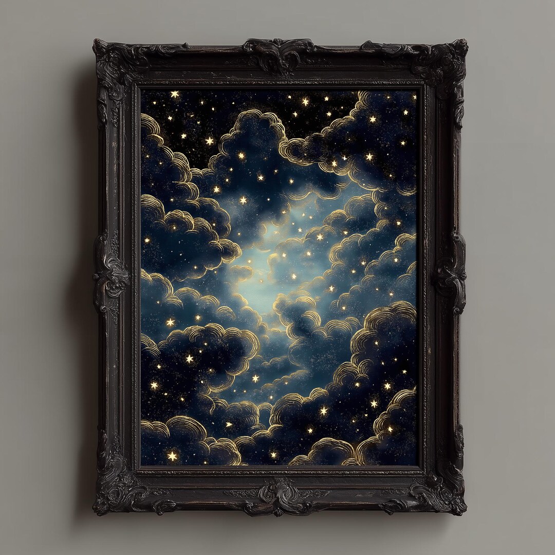 Night Sky Printable Wall Art, Starry Clouds Celestial Painting, Vintage ...