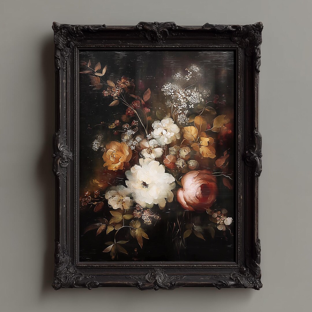 Vintage Fall Floral Print, Dark Autumn Flower Painting, Thanksgiving ...