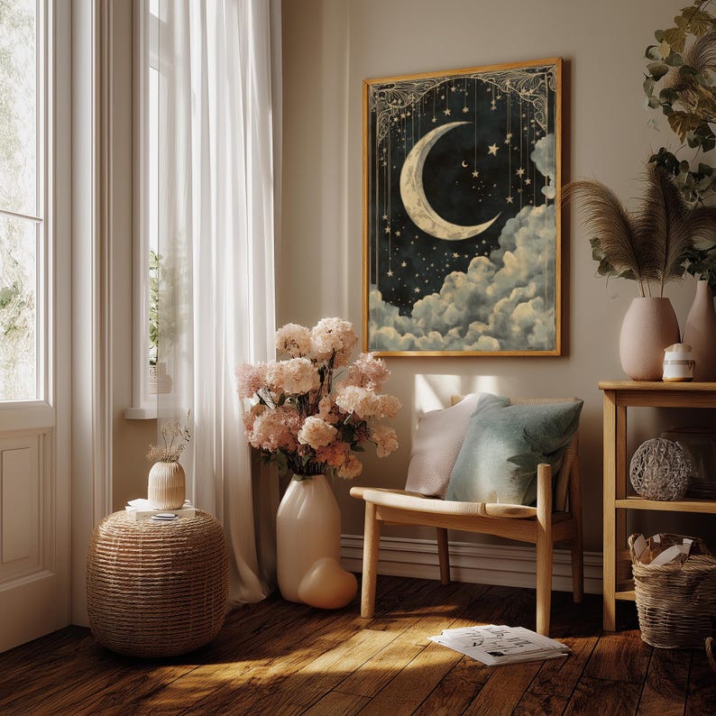 Printable Vintage Crescent Moon Wall Art, Celestial Star Print, Gothic ...