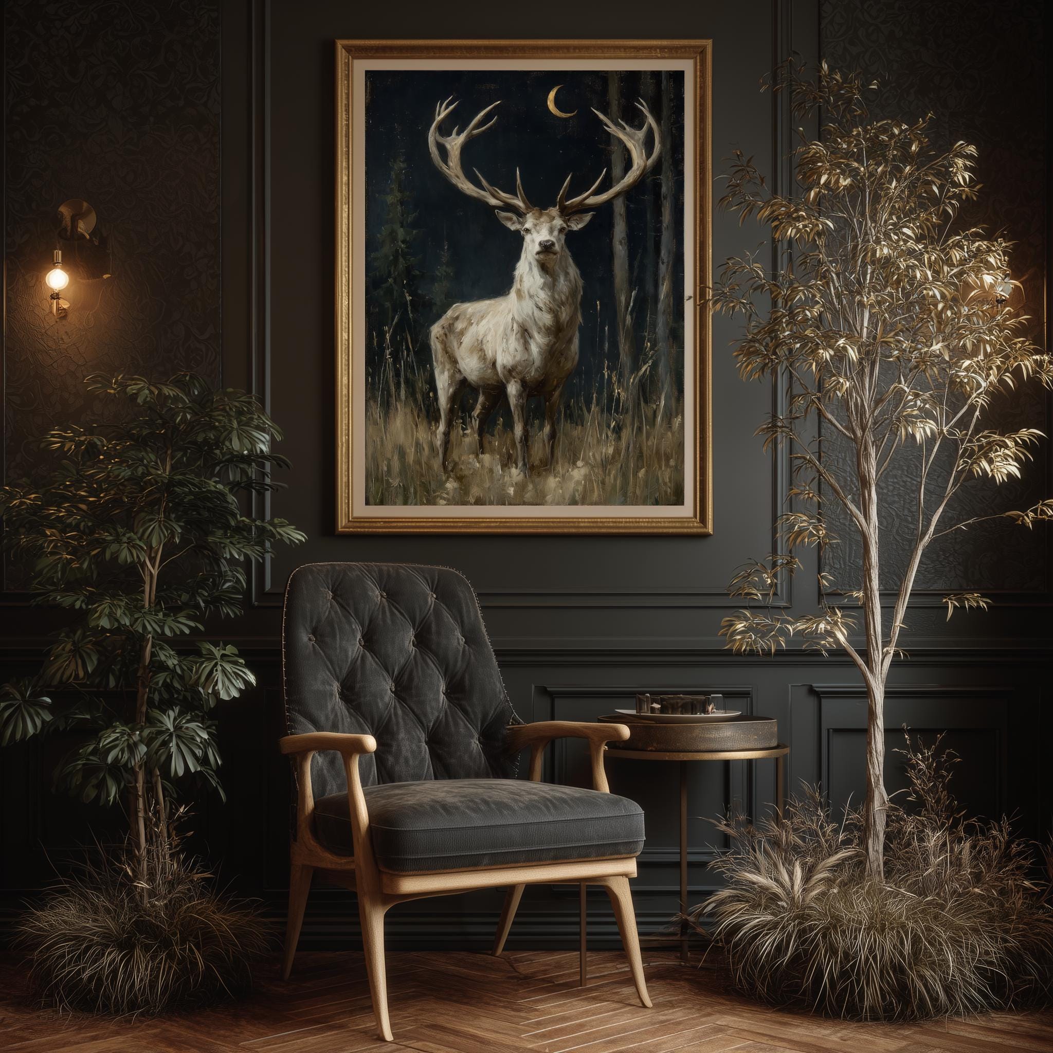 Moonlit White Stag Art Print: Gothic Cottagecore Woodland Decor - Etsy