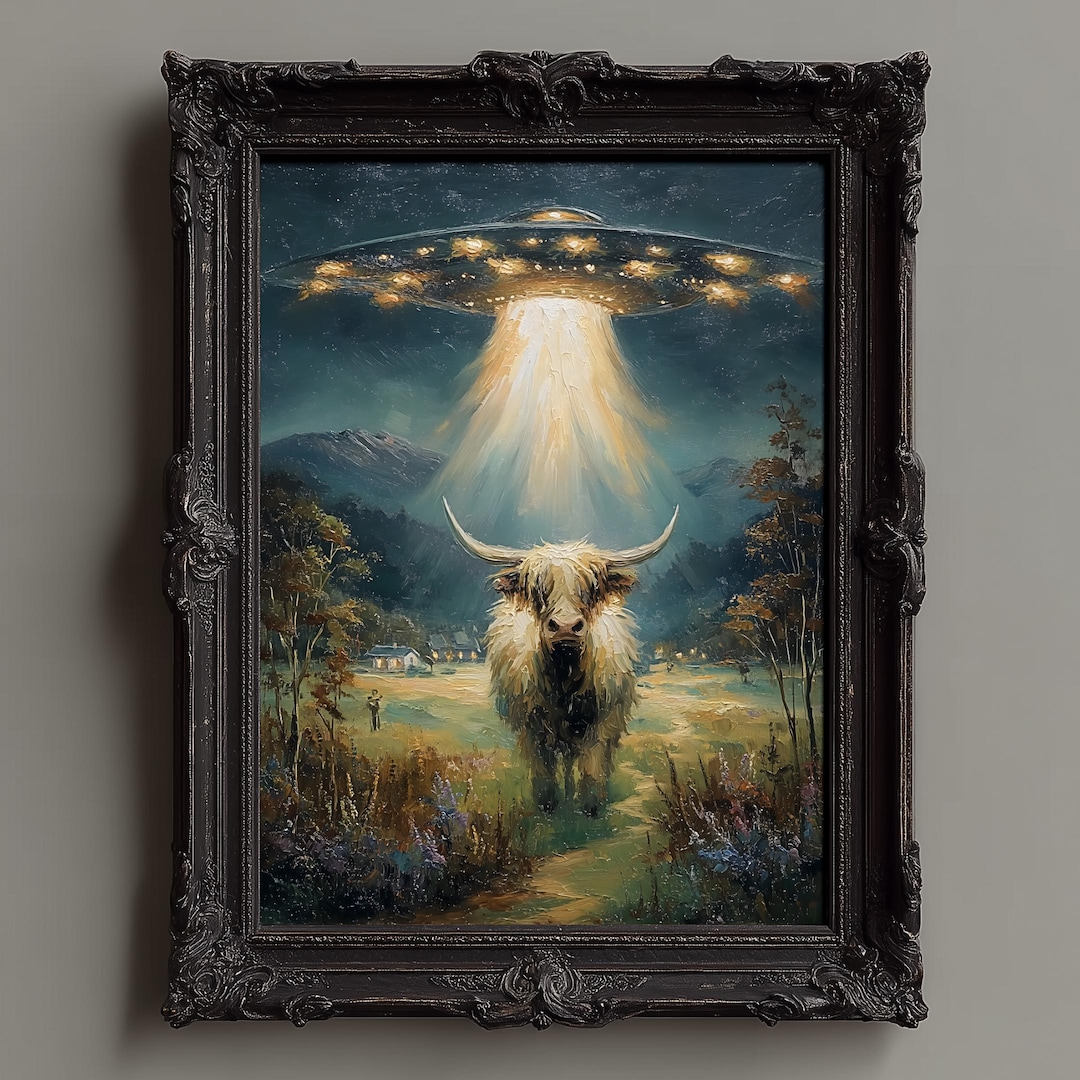 Alien Cow Abduction Art Print: Vintage UFO Farmhouse Decor (digital ...