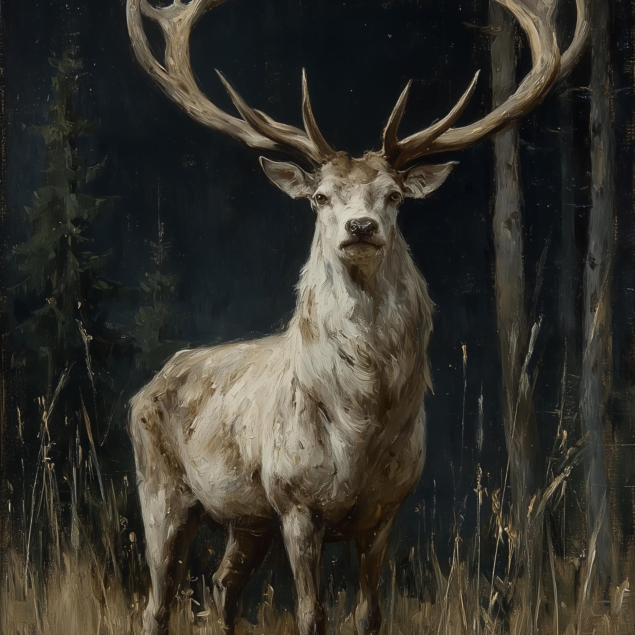 Moonlit White Stag Art Print: Gothic Cottagecore Woodland Decor - Etsy