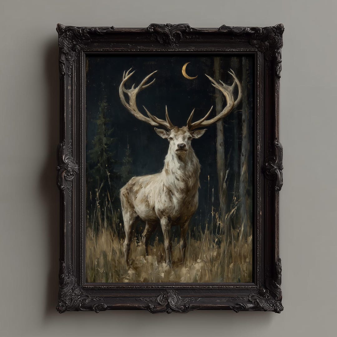 Moonlit White Stag Art Print: Gothic Cottagecore Woodland Decor - Etsy