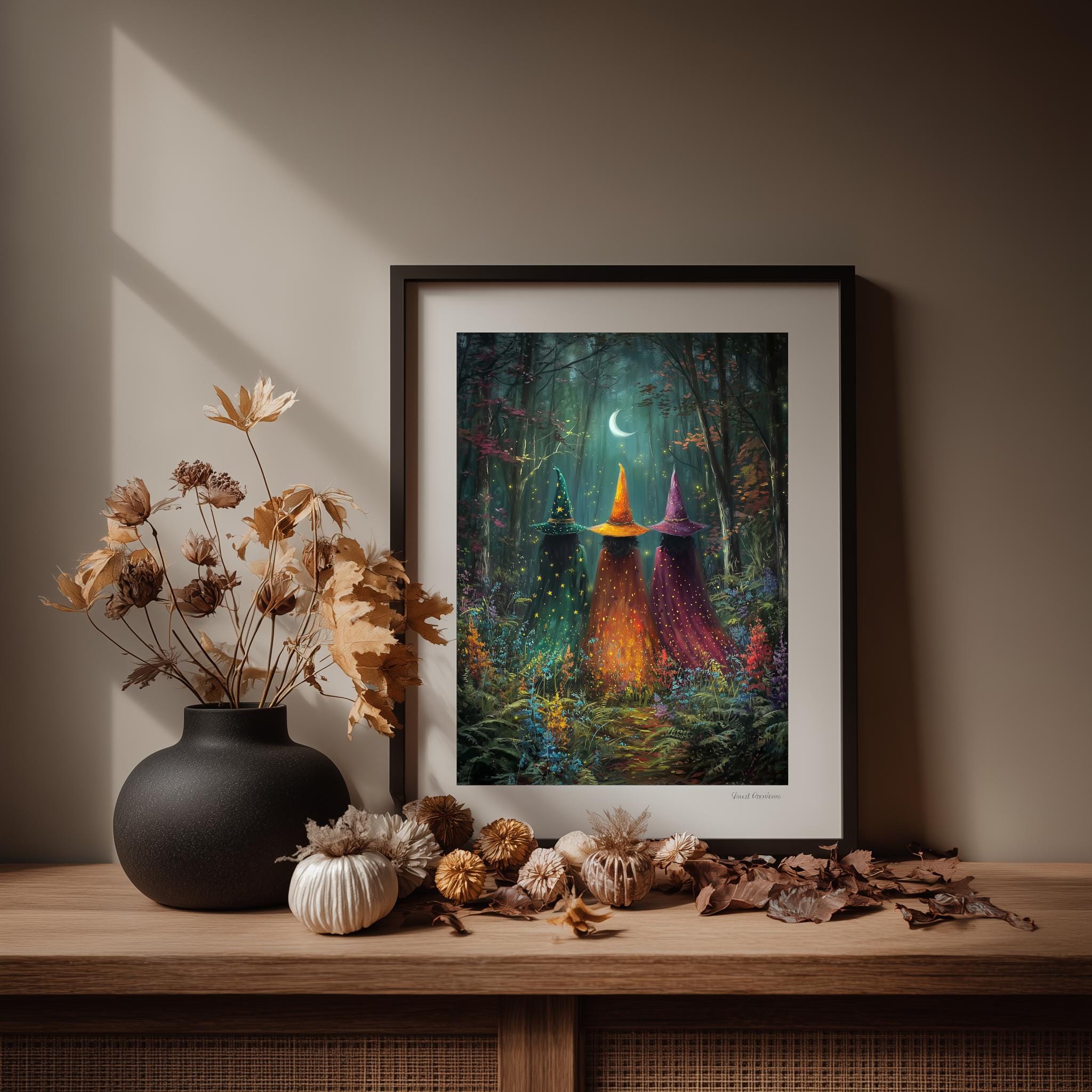 Fall Witches Art Print, Moody Forest Gothic Witchcore Painting, Dark ...