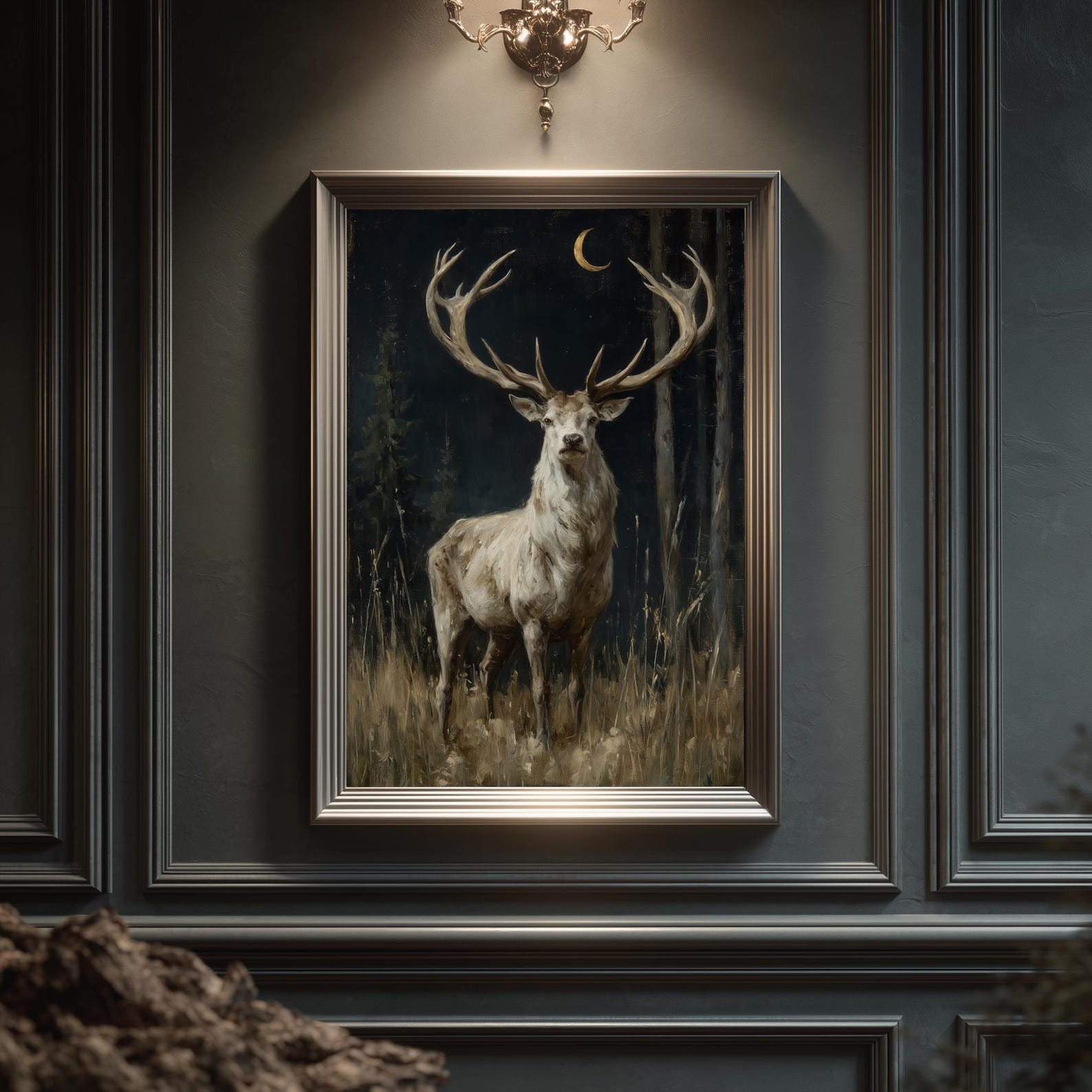 Moonlit White Stag Art Print: Gothic Cottagecore Woodland Decor - Etsy