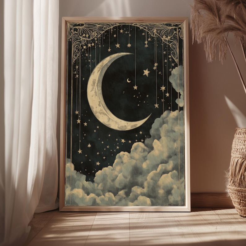 Printable Vintage Crescent Moon Wall Art, Celestial Star Print, Gothic ...