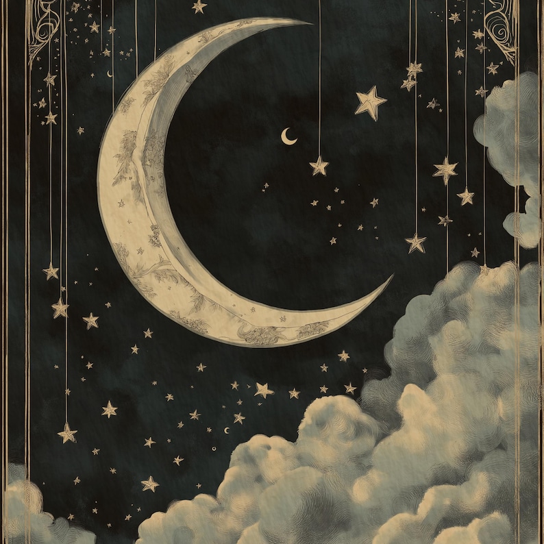 Printable Vintage Crescent Moon Wall Art, Celestial Star Print, Gothic ...
