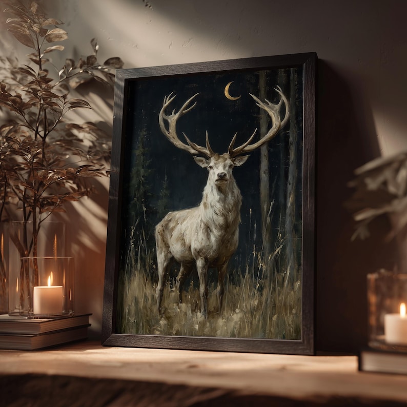 Moonlit White Stag Art Print: Gothic Cottagecore Woodland Decor - Etsy