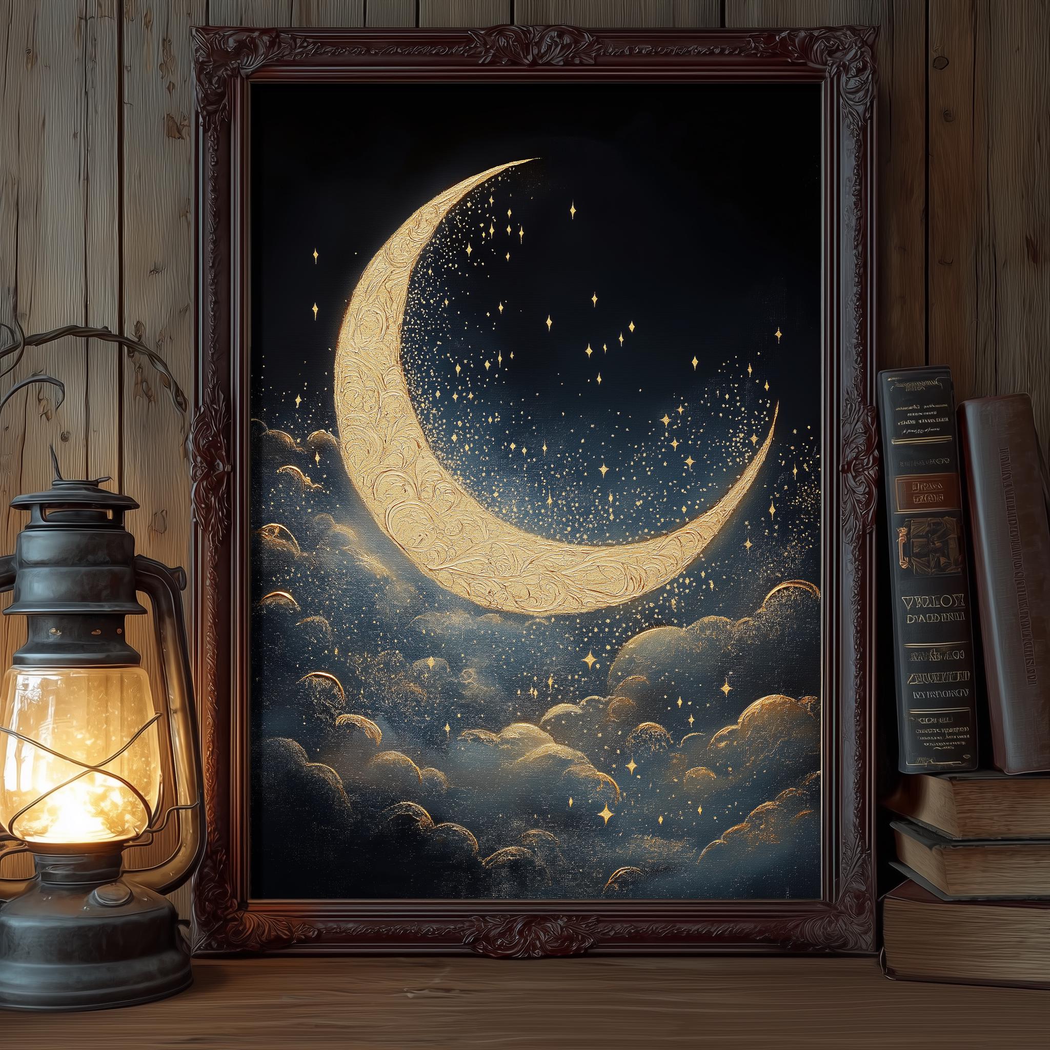 Crescent Moon Art Print, Vintage Celestial Oil Painting, Dark Academia ...