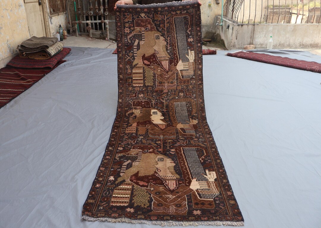 Pictorial 9 Ft Runner Rug, 3x8'4" Afghan Handmade Baluchi Rug, Soft ...