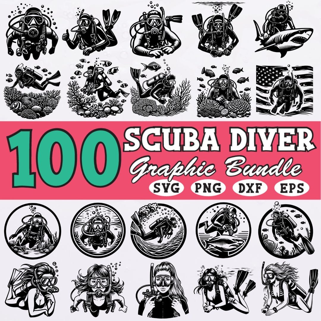 100 Scuba Diver SVG Bundle Underwater Diving Clipart Ocean Adventure ...