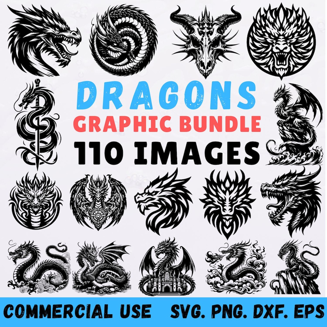 110 Dragons SVG Clipart Graphics Pack, Fantasy Dragon Designs for ...