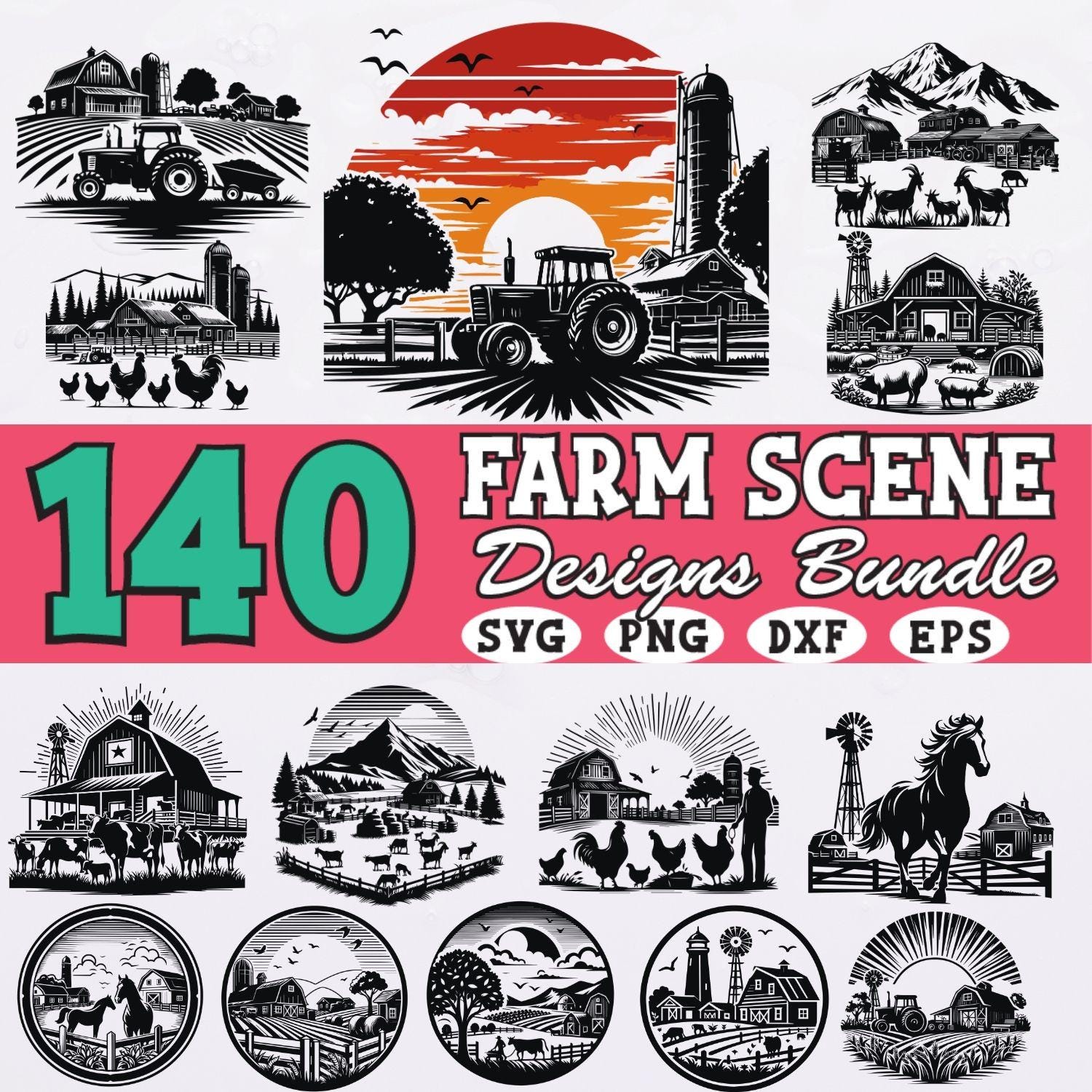 Farm Scene SVG Bundle: Rustic Tractor, Barn, Animals (digital Download ...