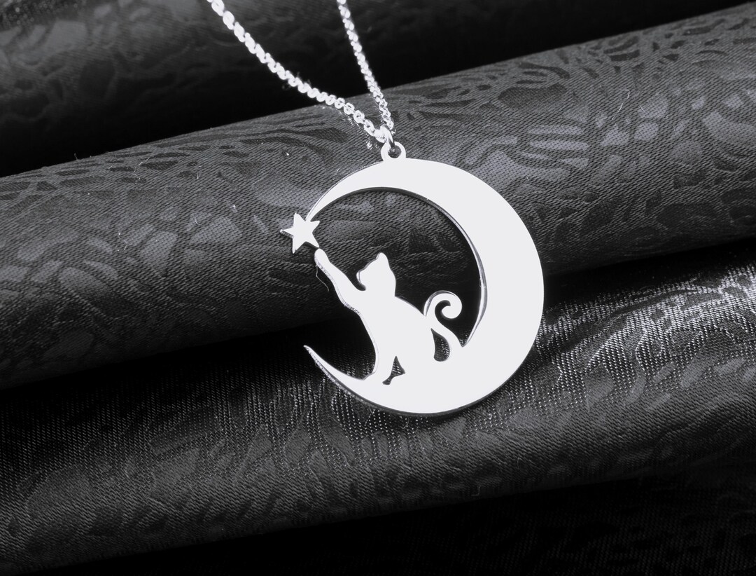 Sterling Silver Cat Moon Necklace: Dainty Crescent Moon Pendant - Etsy