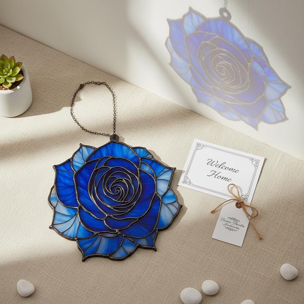 Blue Rose Resin Suncatcher, Faux Stained Glass Window, Hanging Floral ...